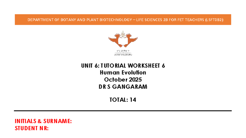 LSFT0B2 Unit 6: Human Evolution Tutorial Worksheet 2025 - Studocu