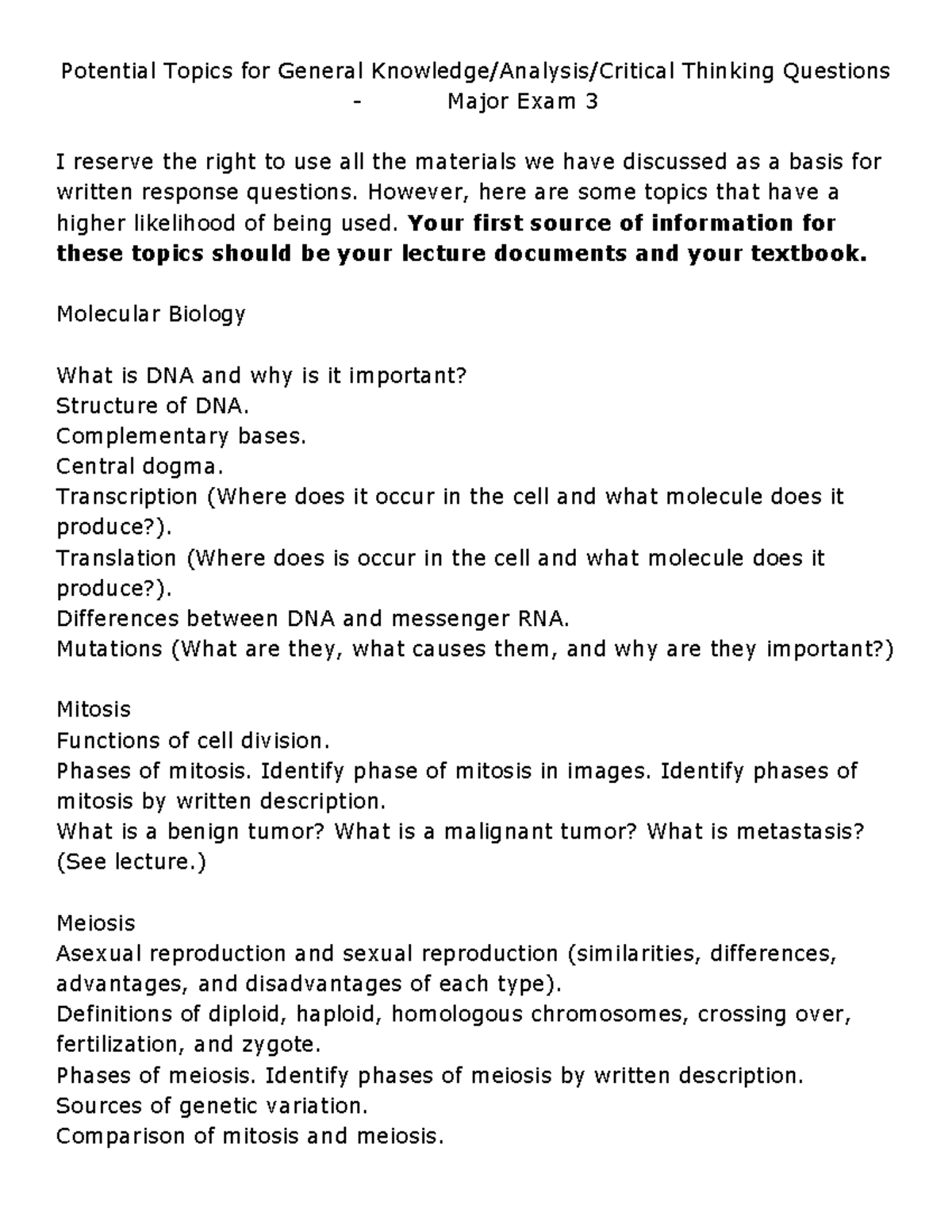 General Biology Major Exam 3 Review Topics & Questions - Studocu