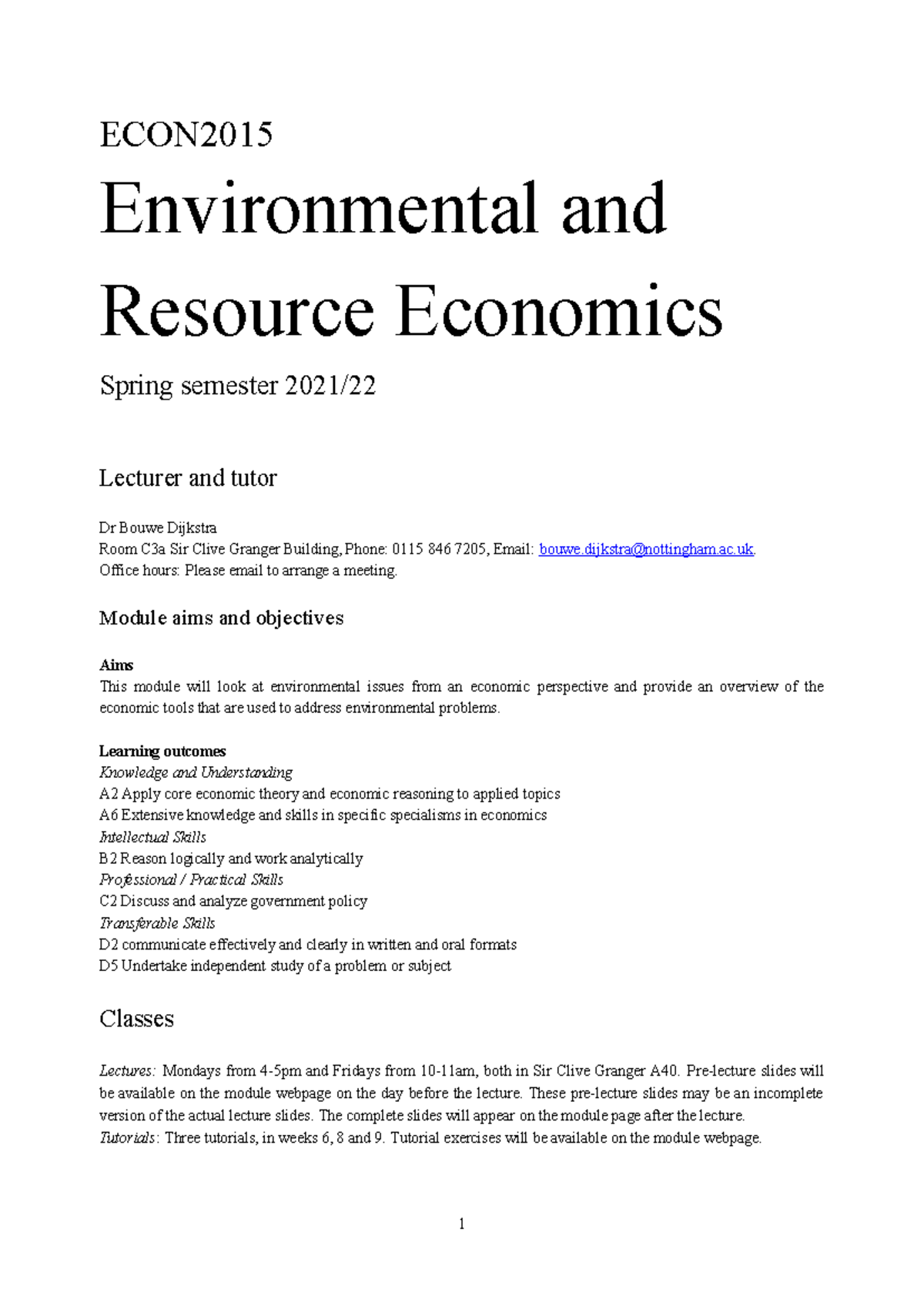 Enviromental lectures outline - ECON Environmental and Resource ...