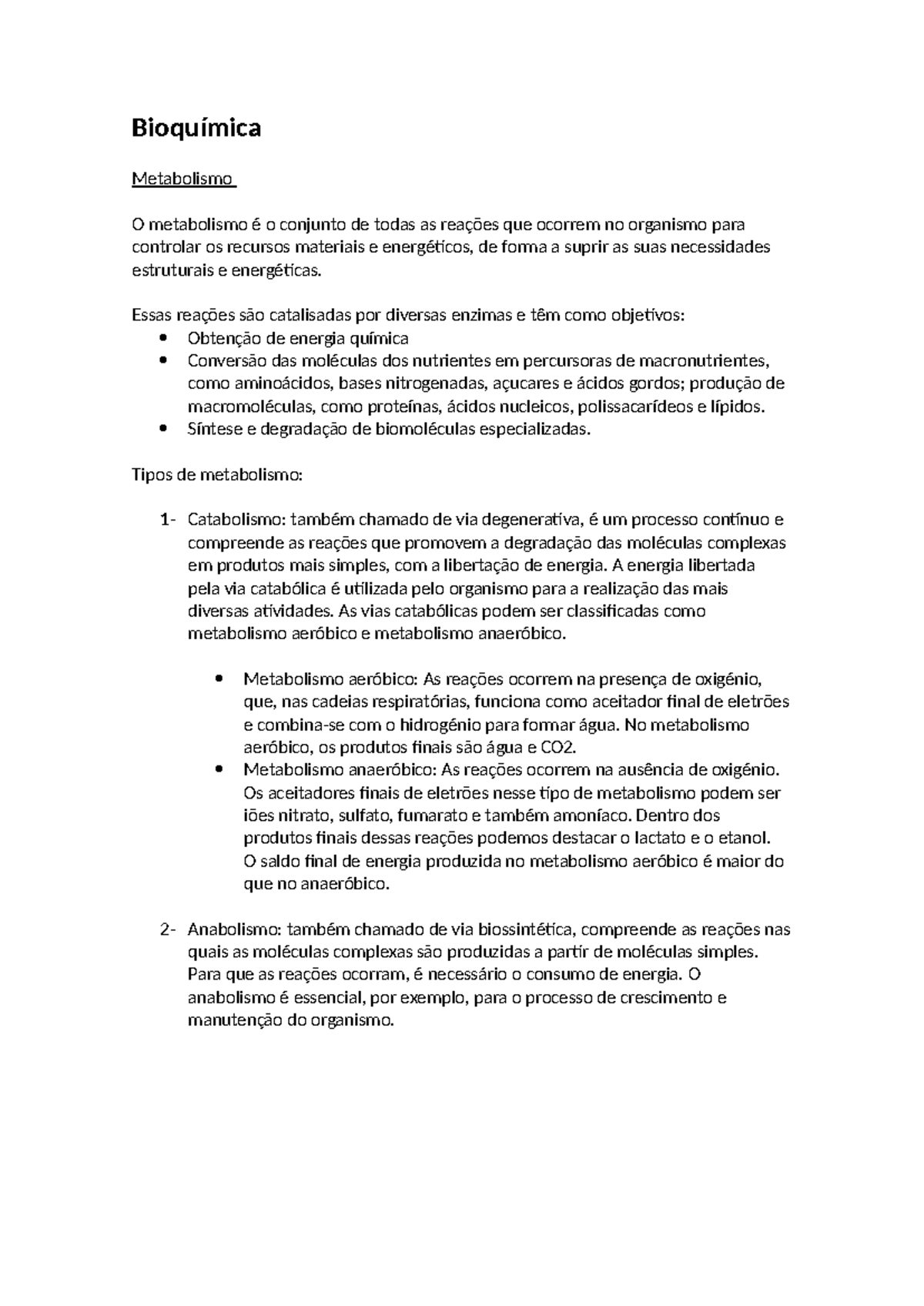 Bioquímica - Resumo do Metabolismo e Estruturas Proteicas - Studocu