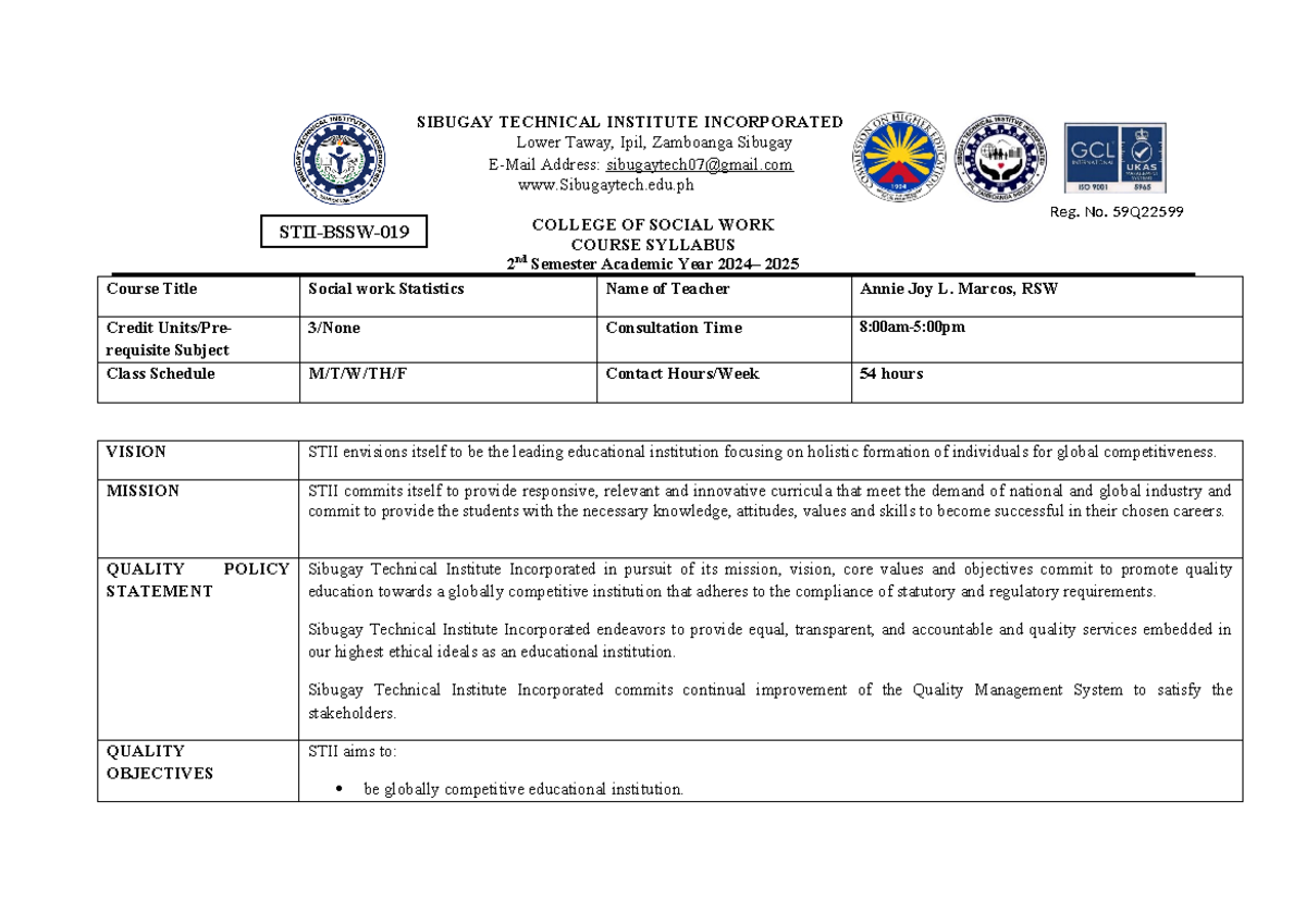 Social Work Statistics Syllabus (SW-STAT 2nd Sem AY 2024-2025) - Studocu