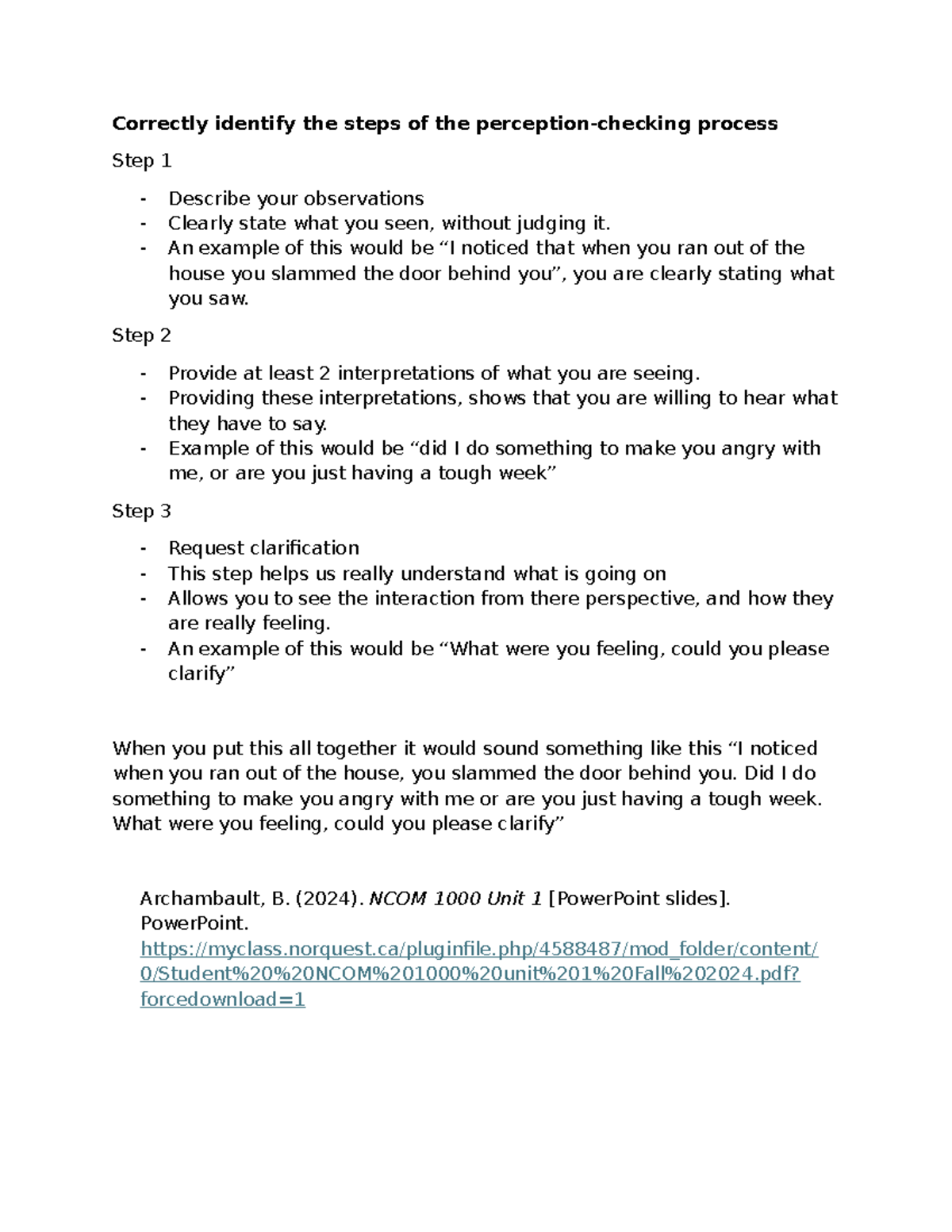 NCOM 1000 Perception Checking Steps: A Guide to Effective Communication ...