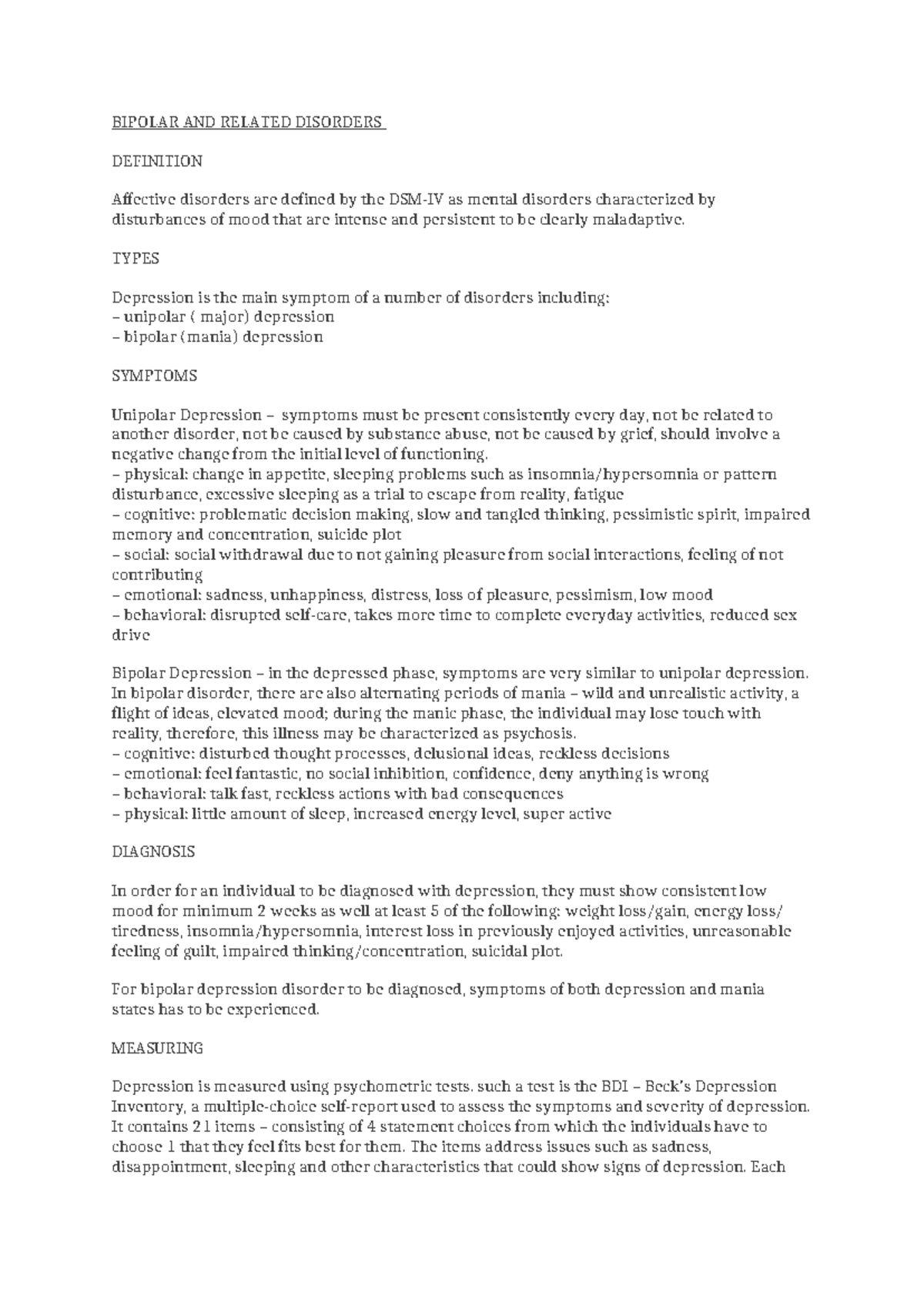 Psychology CIE: Understanding Mood Disorders and Their Treatments - Studocu