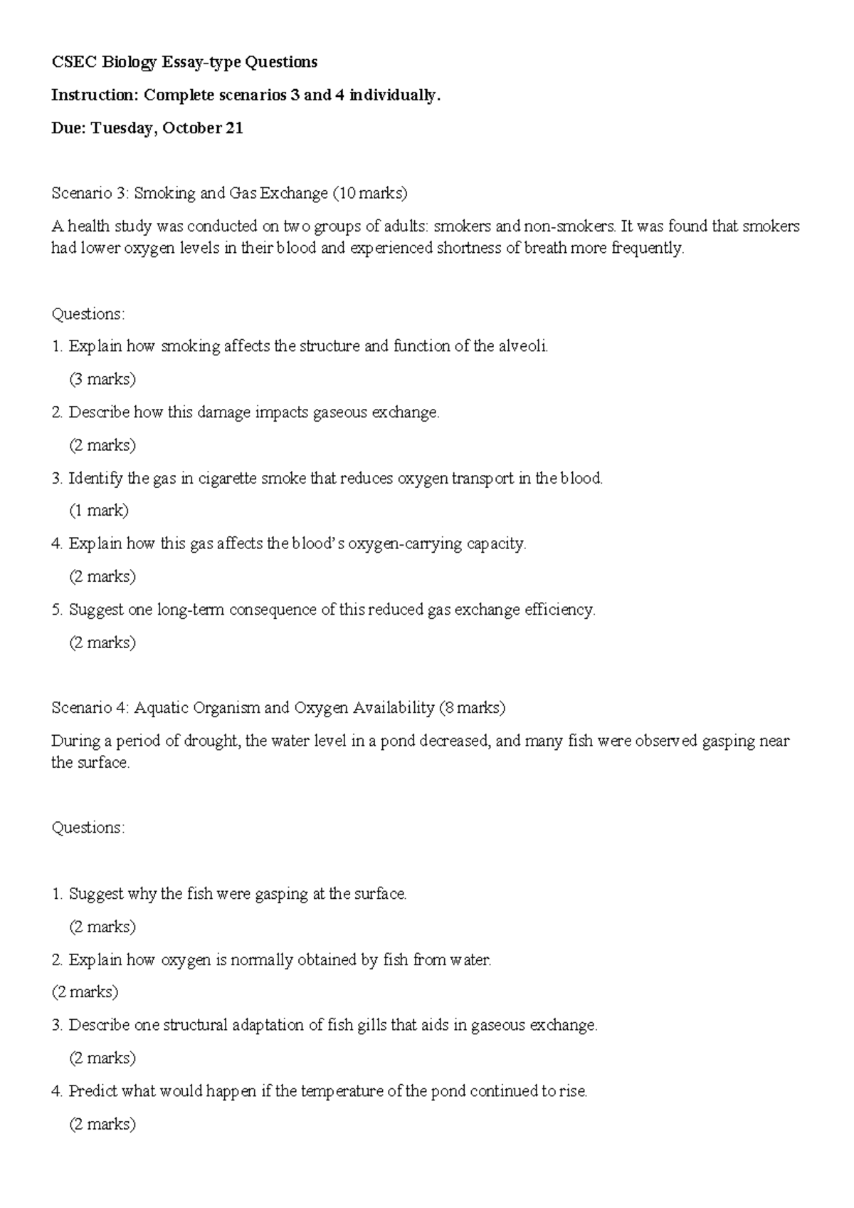 11 BIO Classwork - Respi & Gaseous Exchange: Scenarios 3 & 4 Analysis ...