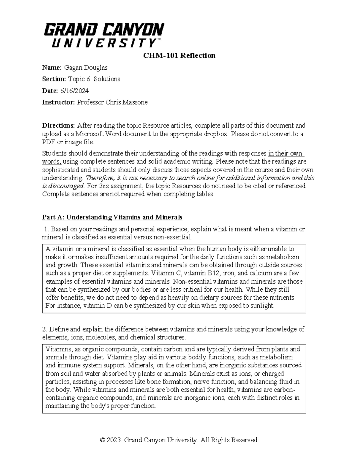 CHM101 - Topic 6 Reflection: Understanding Vitamins & Minerals - Studocu