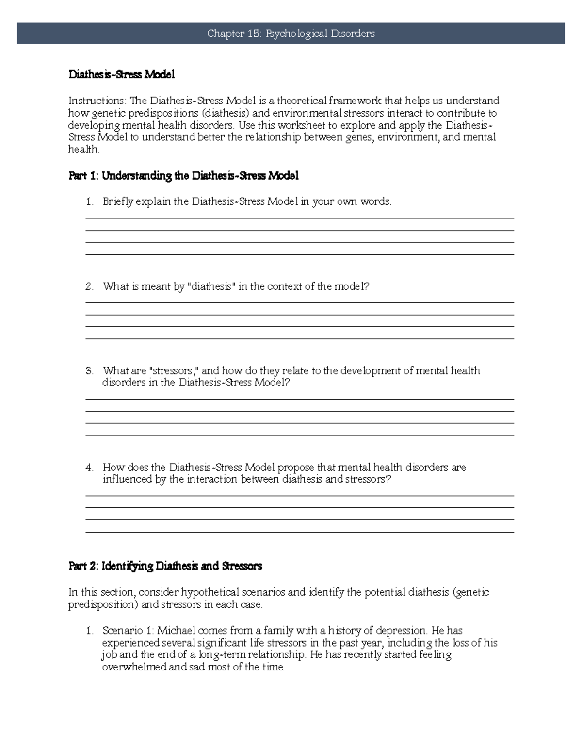 Worksheet - Chapter 15 - Diathesis-Stress Model Insights - Studocu