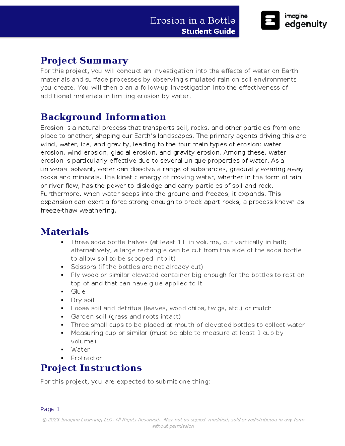 Project - Erosion in a Bottle: Student Guide & Summary - Studocu