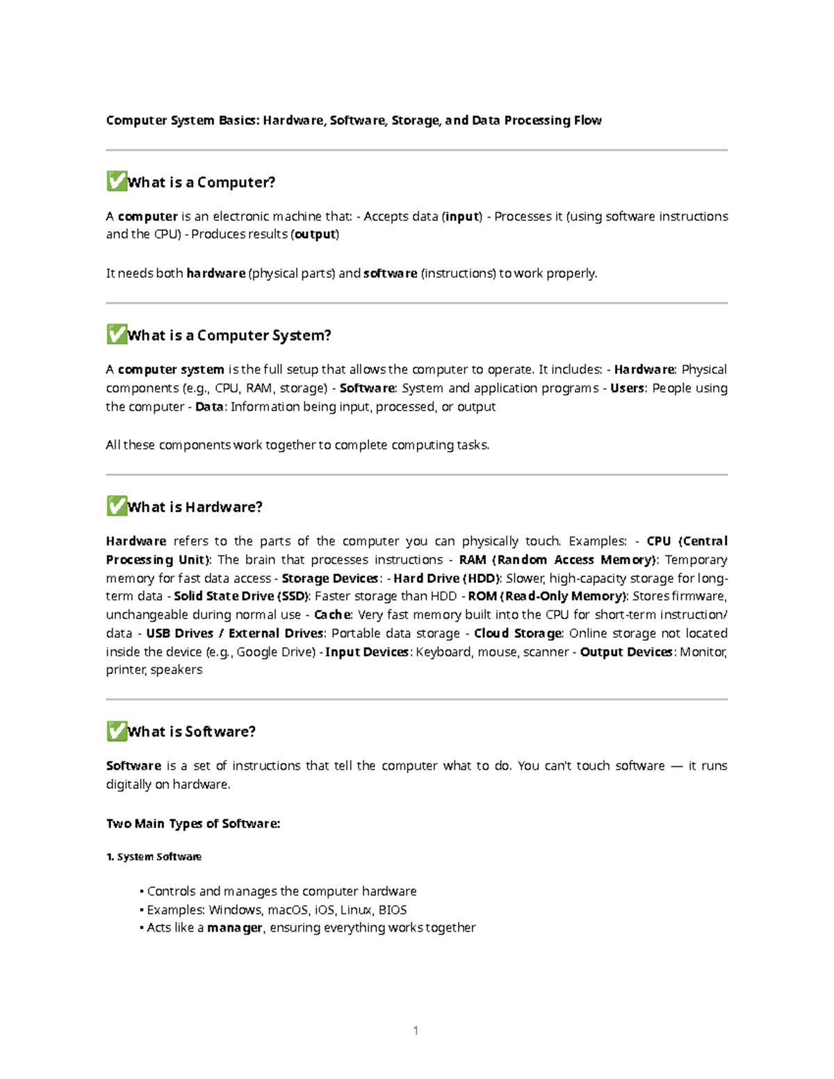 Computer System Basics: Hardware, Software, and Data Flow - Studocu