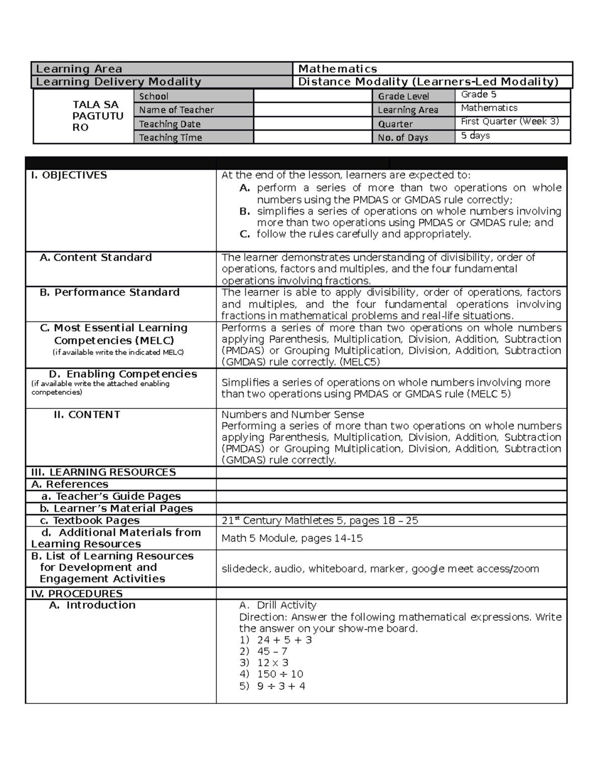 MATH 5 Q1 W3 - Lesson Plan on Operations Using PMDAS/GMDAS Rules - Studocu