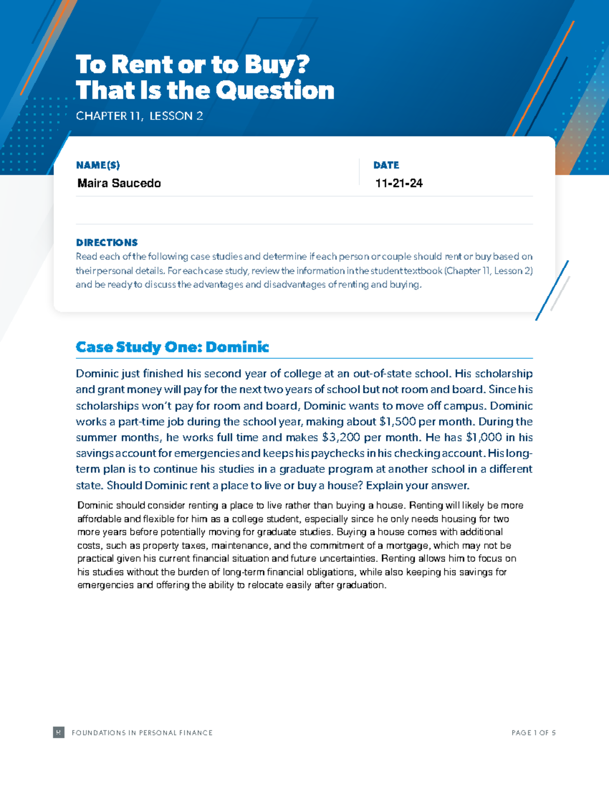 Chapter 11 Lesson 2: Rent vs. Buy Case Studies Analysis - Studocu
