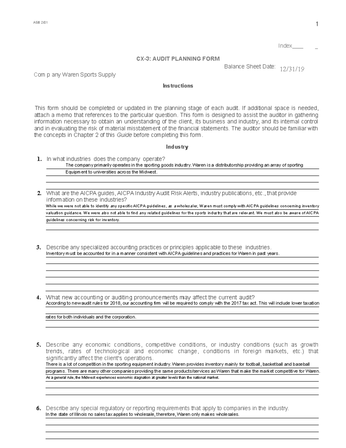 ASB 1 Audit Planning Form - Final Version Overview and Analysis - Studocu