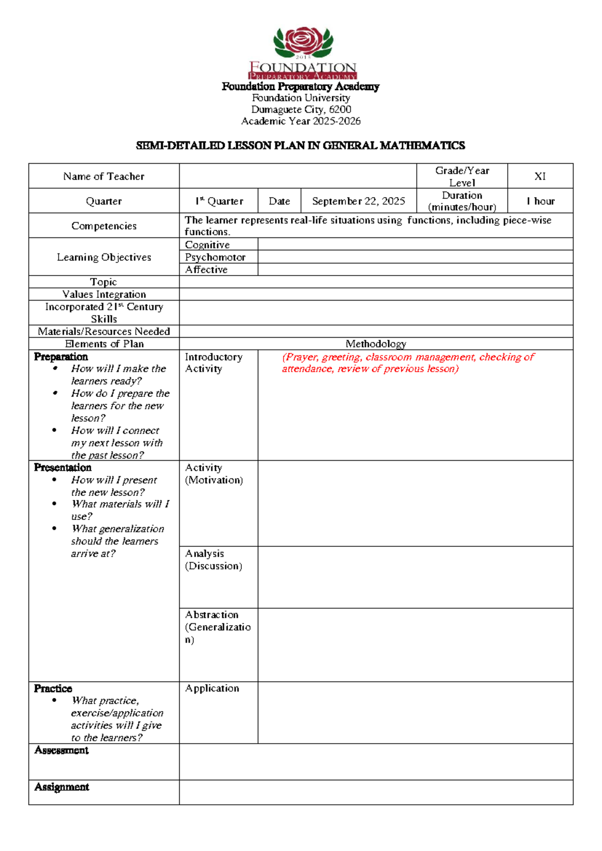 4As Lesson Plan in General Mathematics (GM101) for 1st Quarter - Studocu