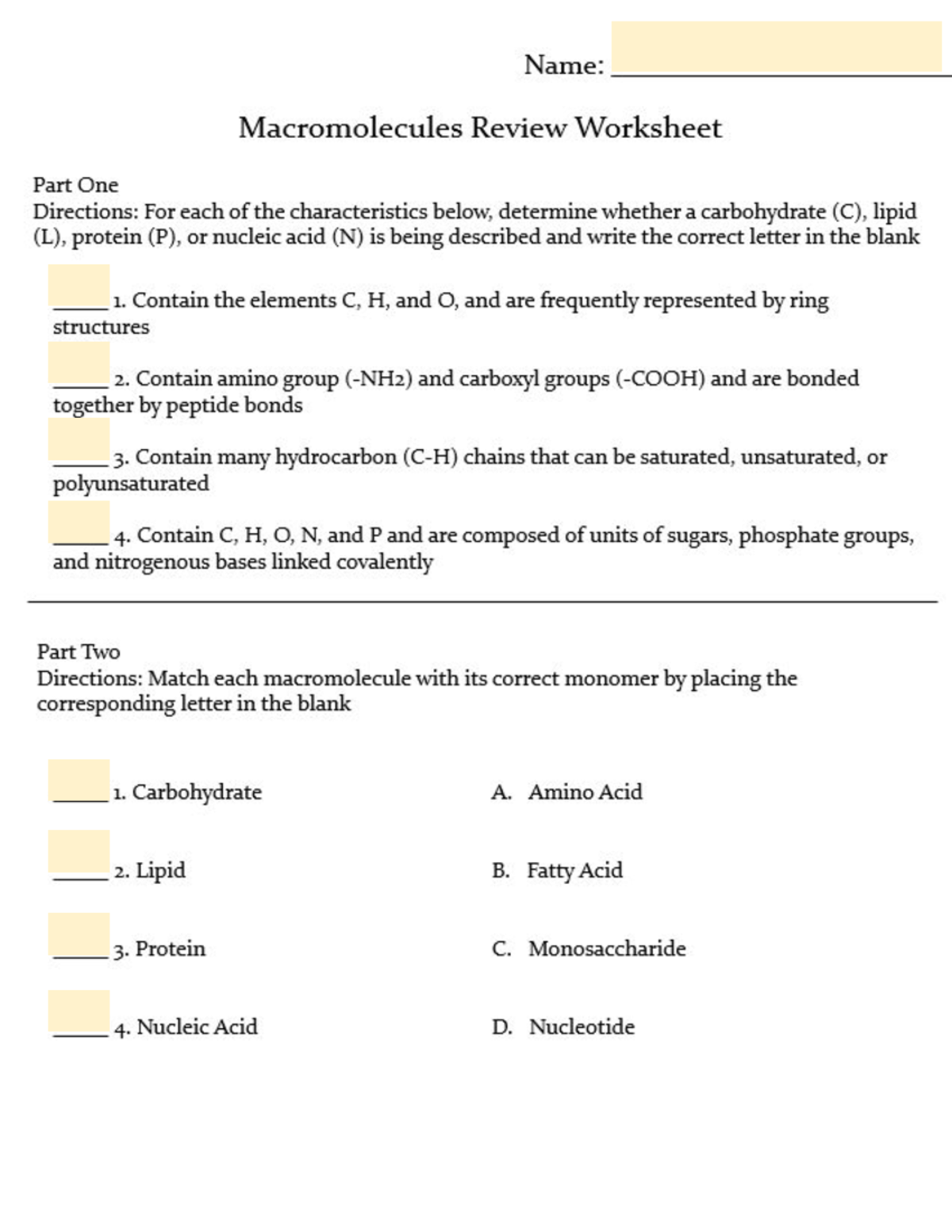 Macromolecules Review Worksheet: Characteristics & Monomers - Studocu