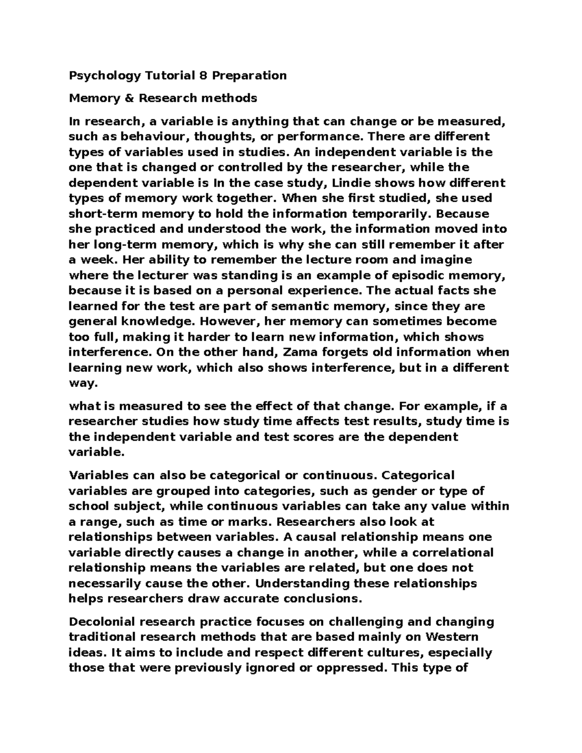 Psychology Tutorial 8: Memory Research Methods Overview - Studocu