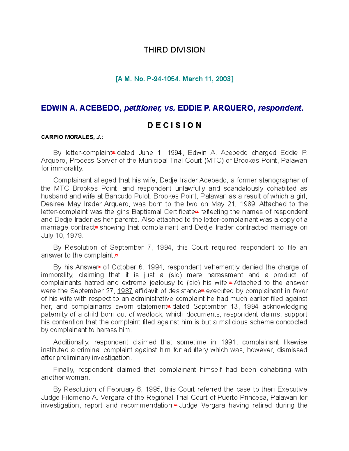 Acebedo vs. Arquero: Immorality Case Decision - M. No. P-94-1054 - Studocu