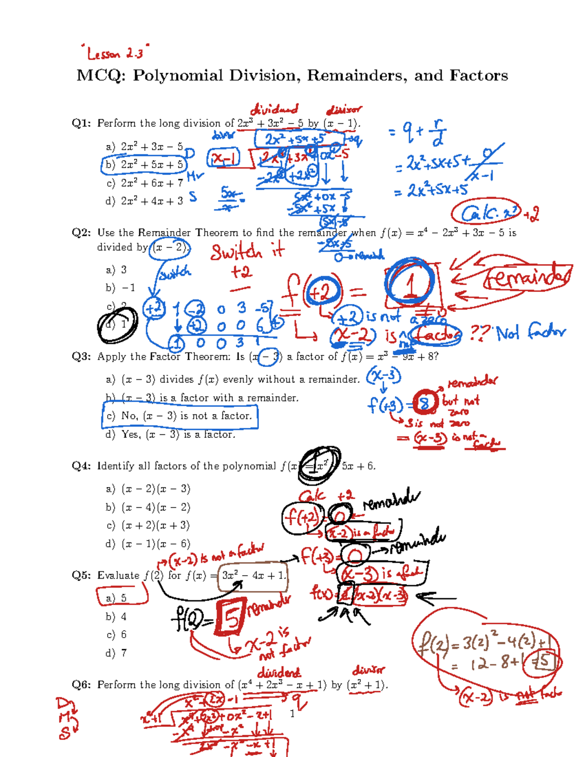 MCQ: Polynomial Division & Remainders (Revision 2.3) - Studocu