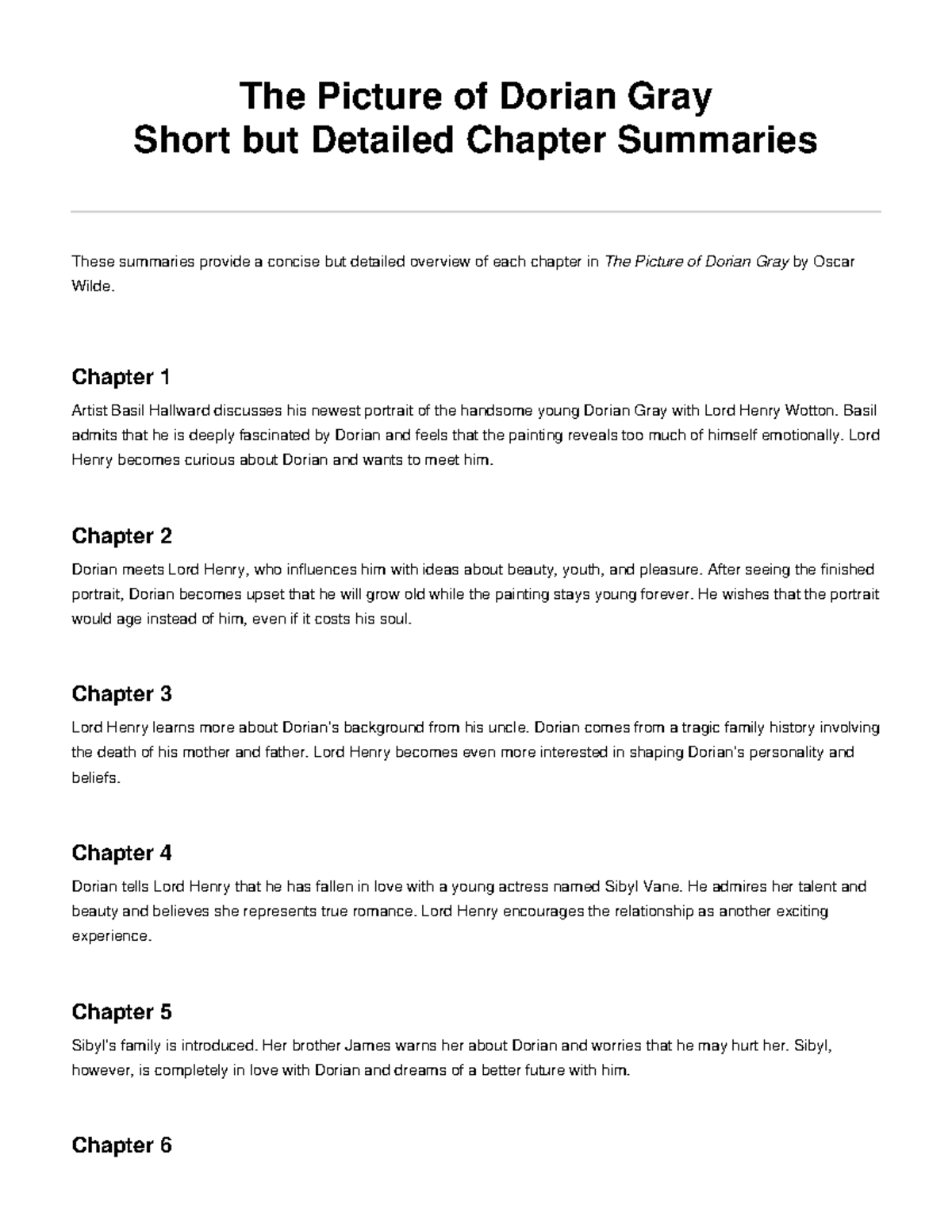 Grade 12 The Picture of Dorian Gray Chapter Summaries - Studocu