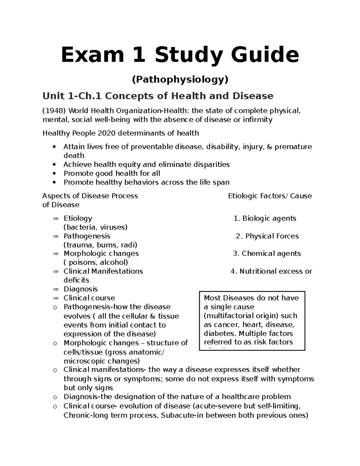 Pathophysiology Exam 1 Study Guide: Concepts of Health & Disease - Studocu
