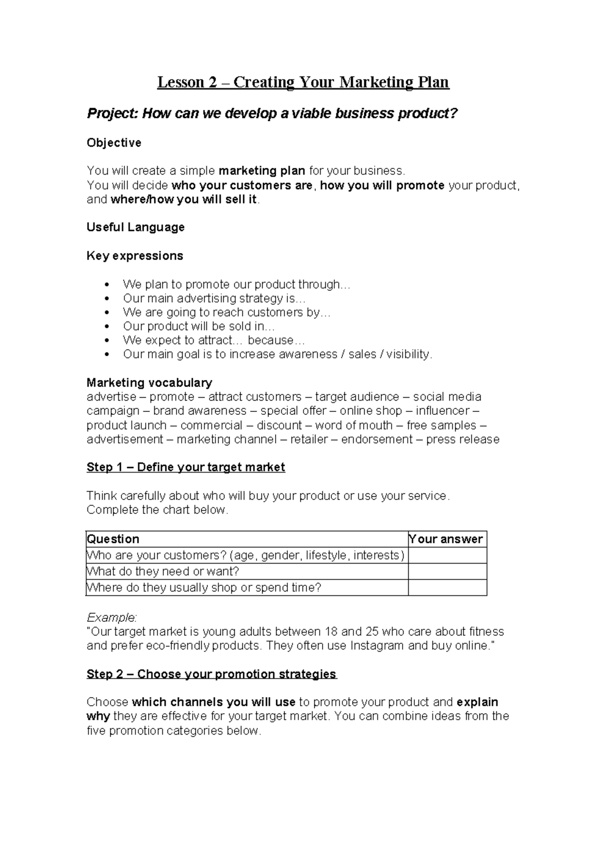 Lesson 2: Creating a Marketing Plan for Business Product (6B) - Studocu