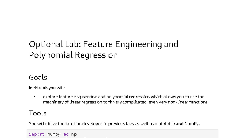 C1 W2 Lab04: Feature Engineering & Polynomial Regression Solutions - Studocu
