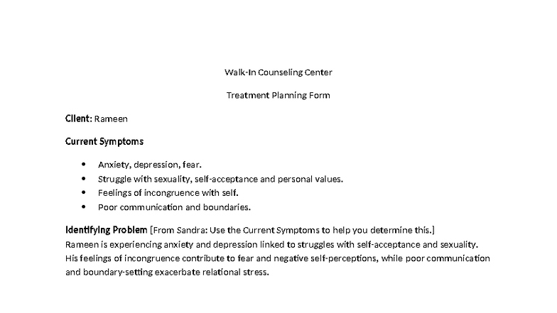 Final Treatment Plan for Rameen: Addressing Anxiety & Depression - Studocu