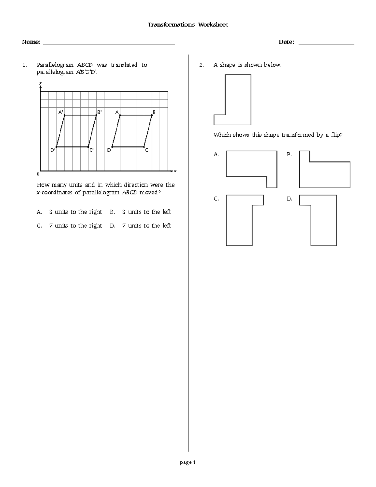 HSMini Lesson 1 and 2 Transformations HW - Transformations Worksheet ...