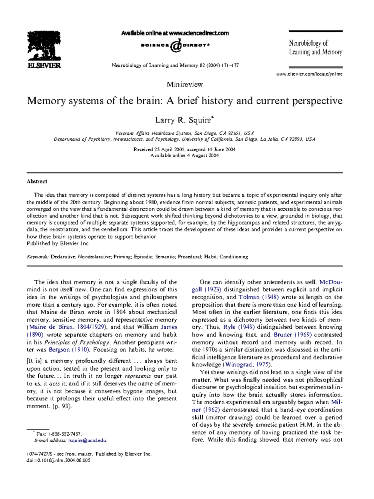Squire (2004) Minireview: Memory Systems of the Brain - Past & Present ...