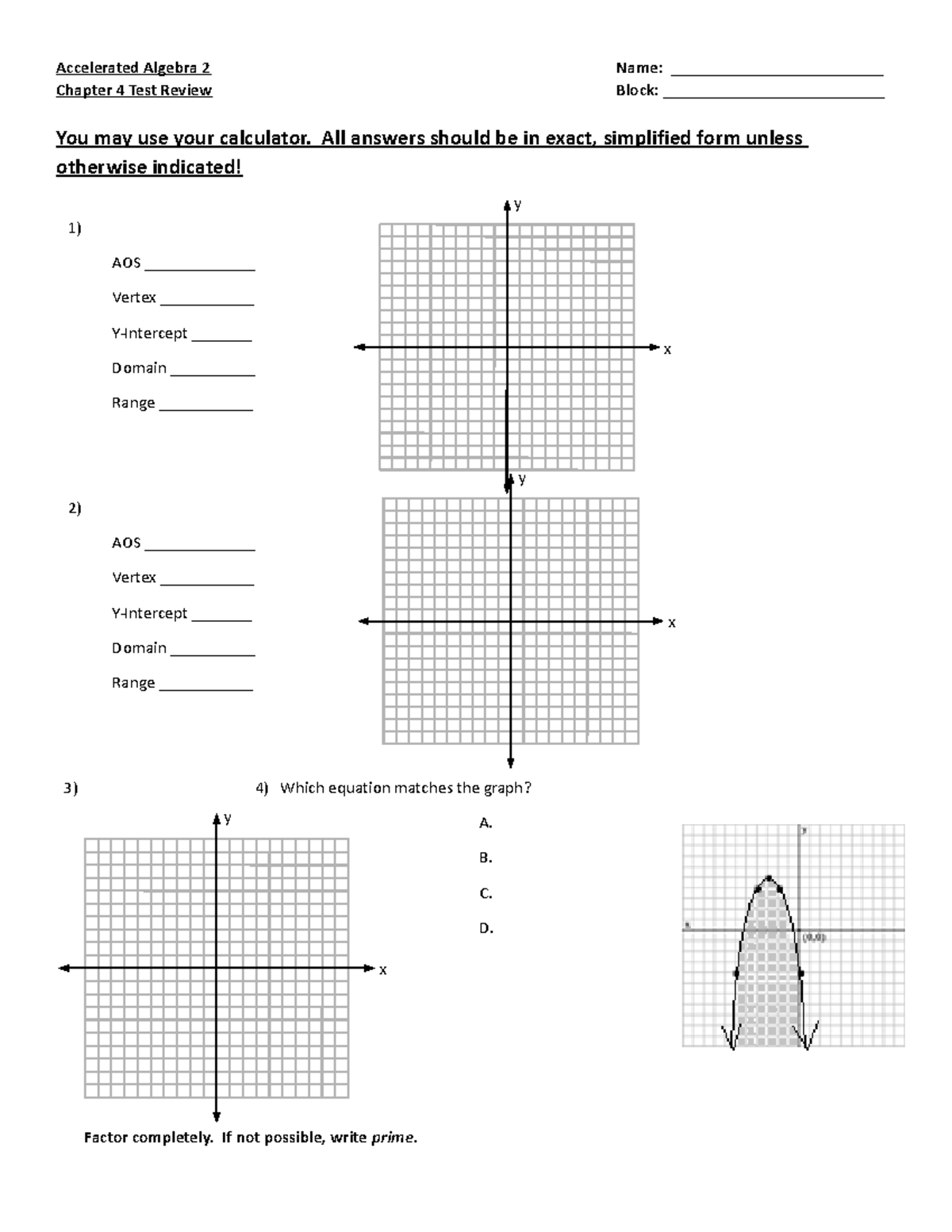 Chapter 4 Test Review - Accelerated Algebra 2 Name ...
