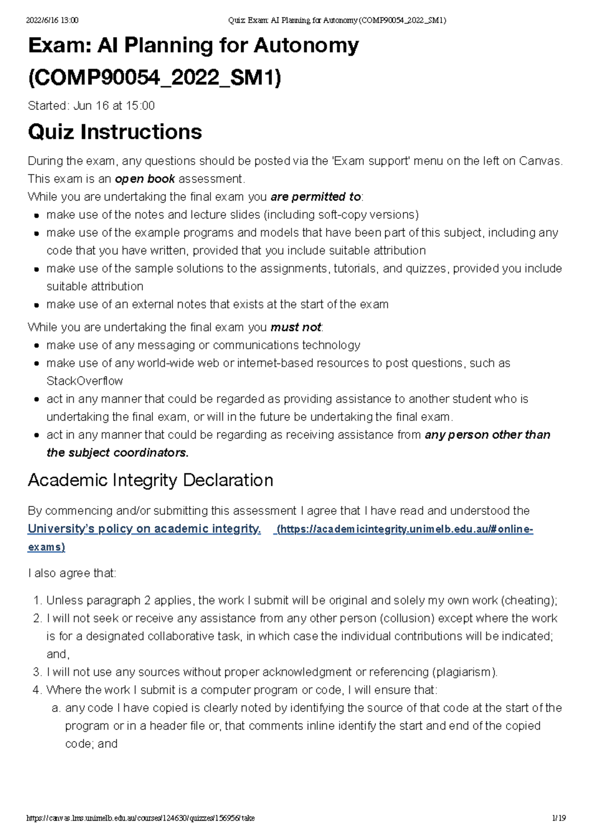 Final Exam: AI Planning for Autonomy (COMP90054_2022_SM1) Quiz Guide - Studocu