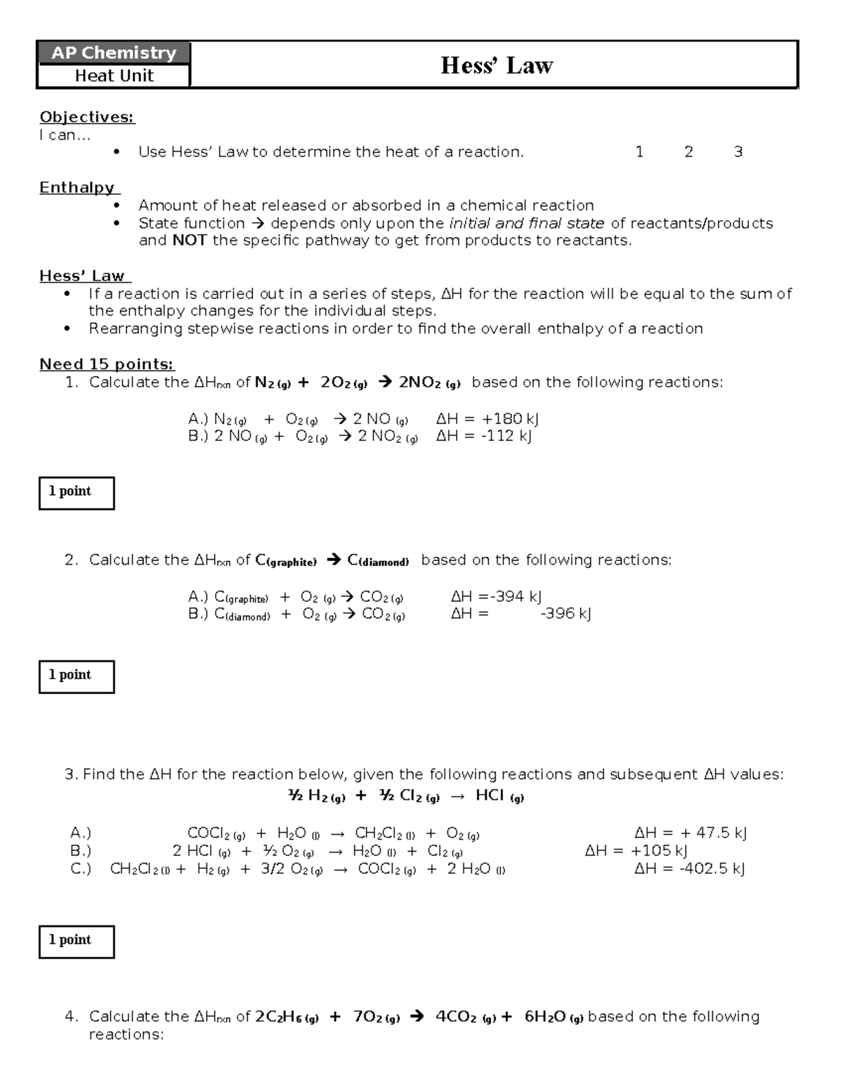 Hesss law problem set 1516 - AP Chemistry Hess’ Law Heat Unit ...