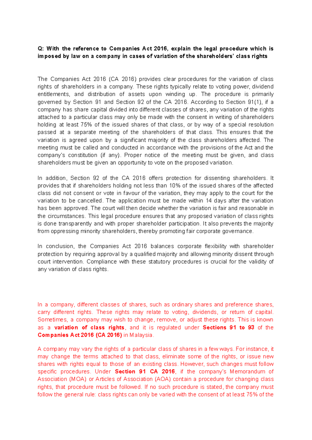 Variation of Class Rights Under CA 2016: Sections 91-93 Explained - Studocu