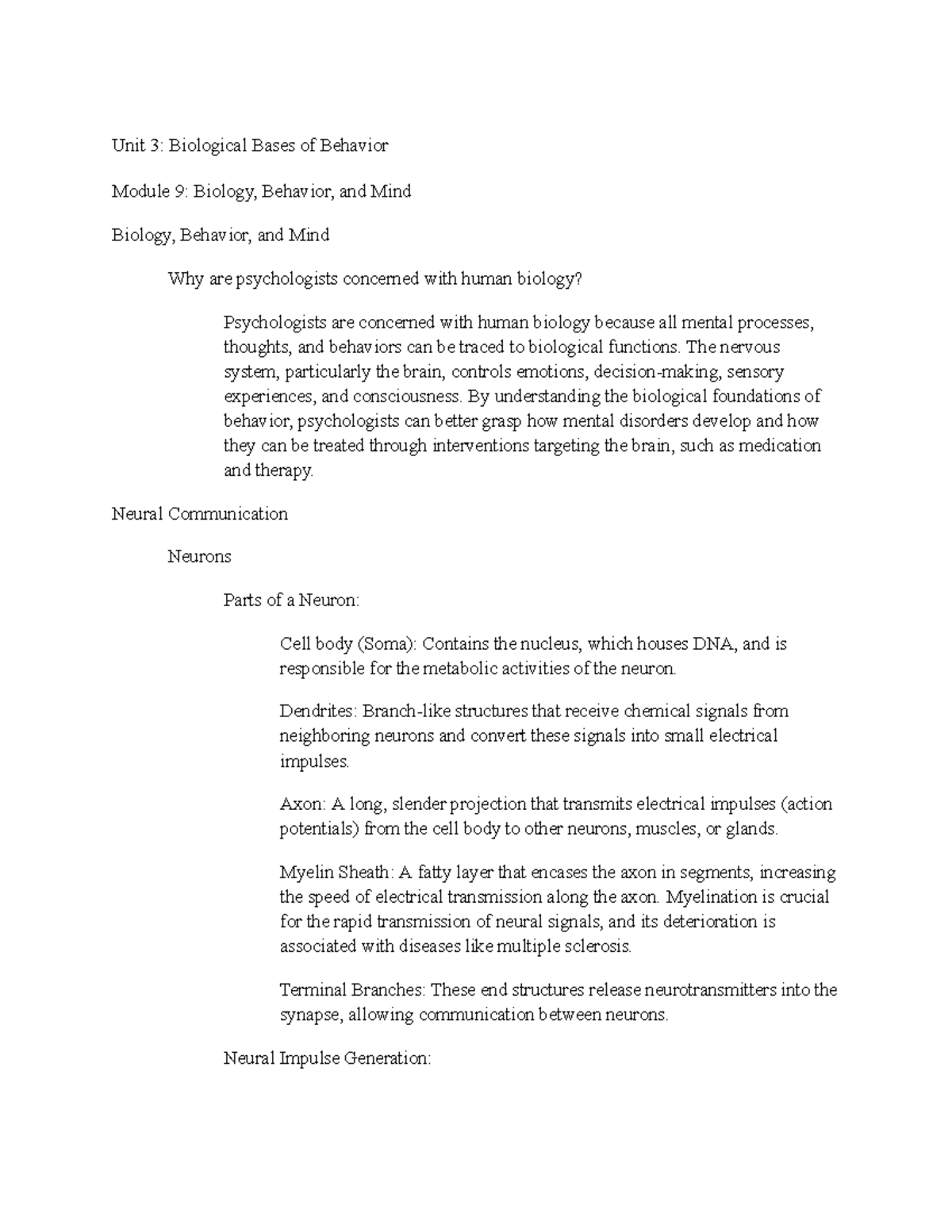 Unit 3: Biological Bases of Behavior - Key Concepts and Insights - Studocu