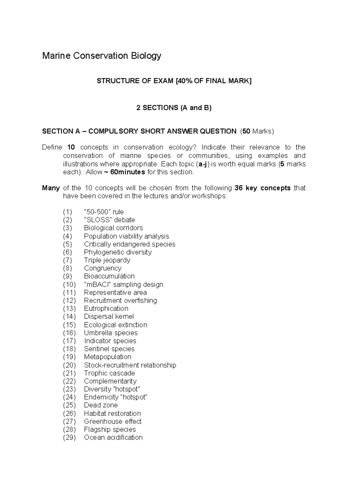 Marine Conservation Biology Final Exam Structure: Sections A & B - Studocu