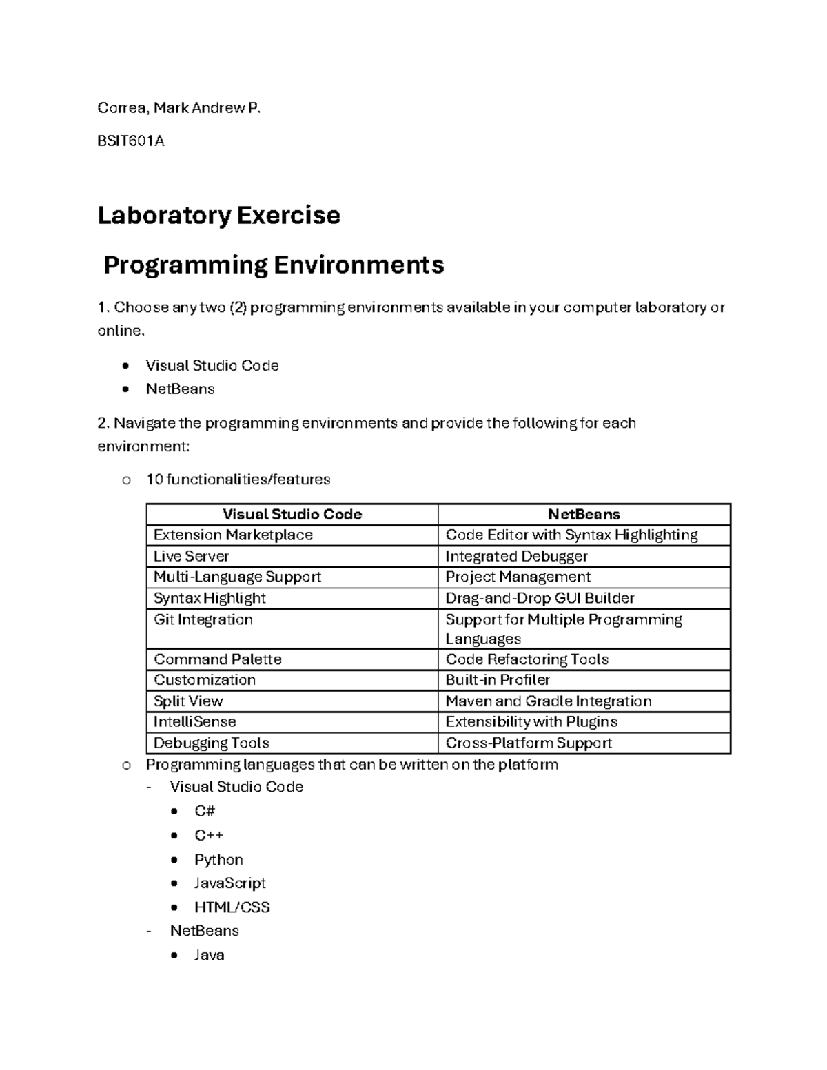 Laboratory Activity 1: Programming Languages in BSIT601A - Studocu
