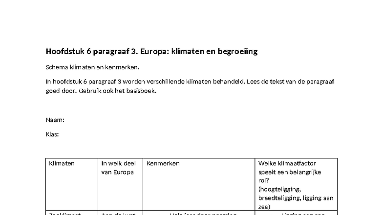 Hoofdstuk 6.3: Schema van Klimaten en Kenmerken in Europa - Studeersnel