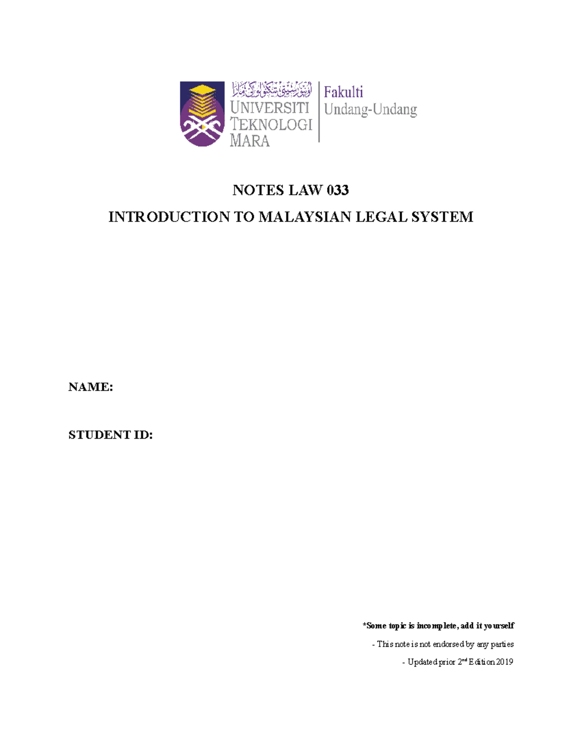 LAW 033 - Comprehensive Study Notes on Malaysian Legal System - Studocu