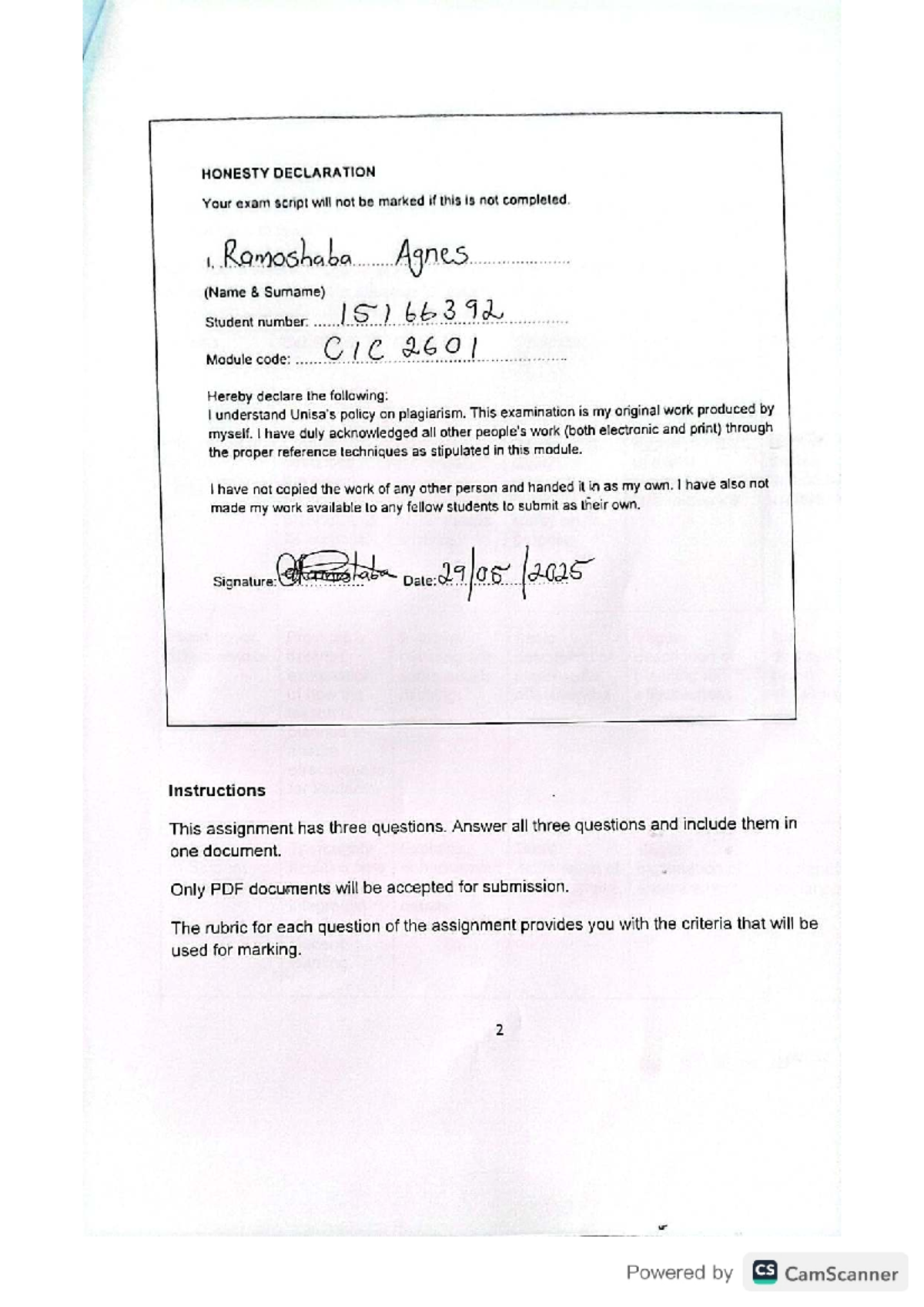 CIC 2601 Honesty Declaration for Assignment Submission - Studocu