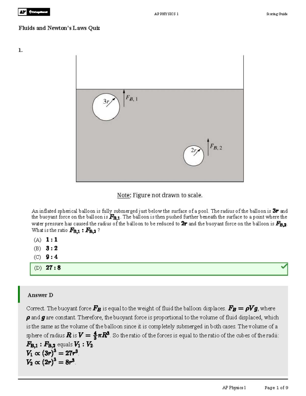 AP PHYSICS 1 Fluids and Laws Quiz 1 Scoring Guide and Solutions - Studocu
