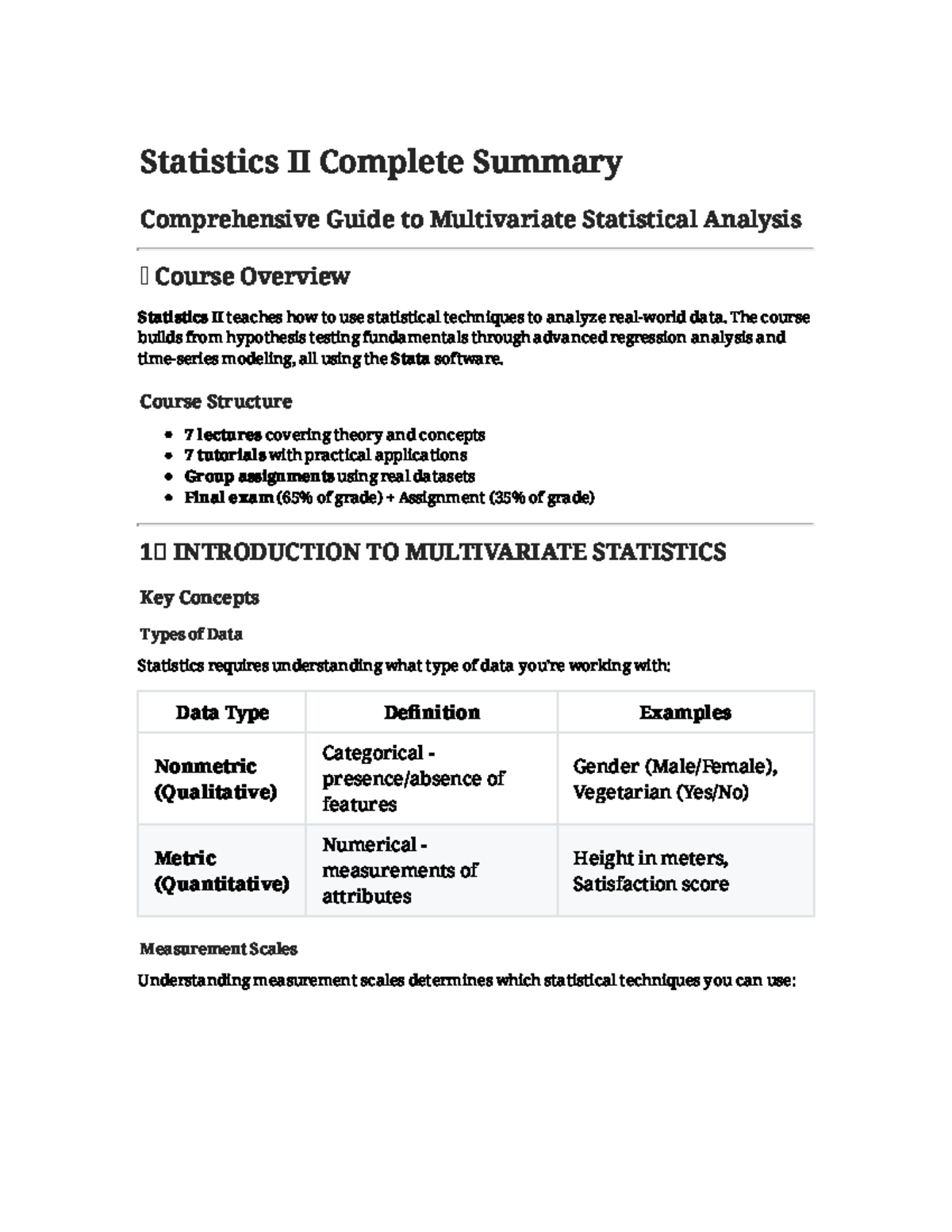 Statistics II Comprehensive Summary: Multivariate Analysis Guide ...