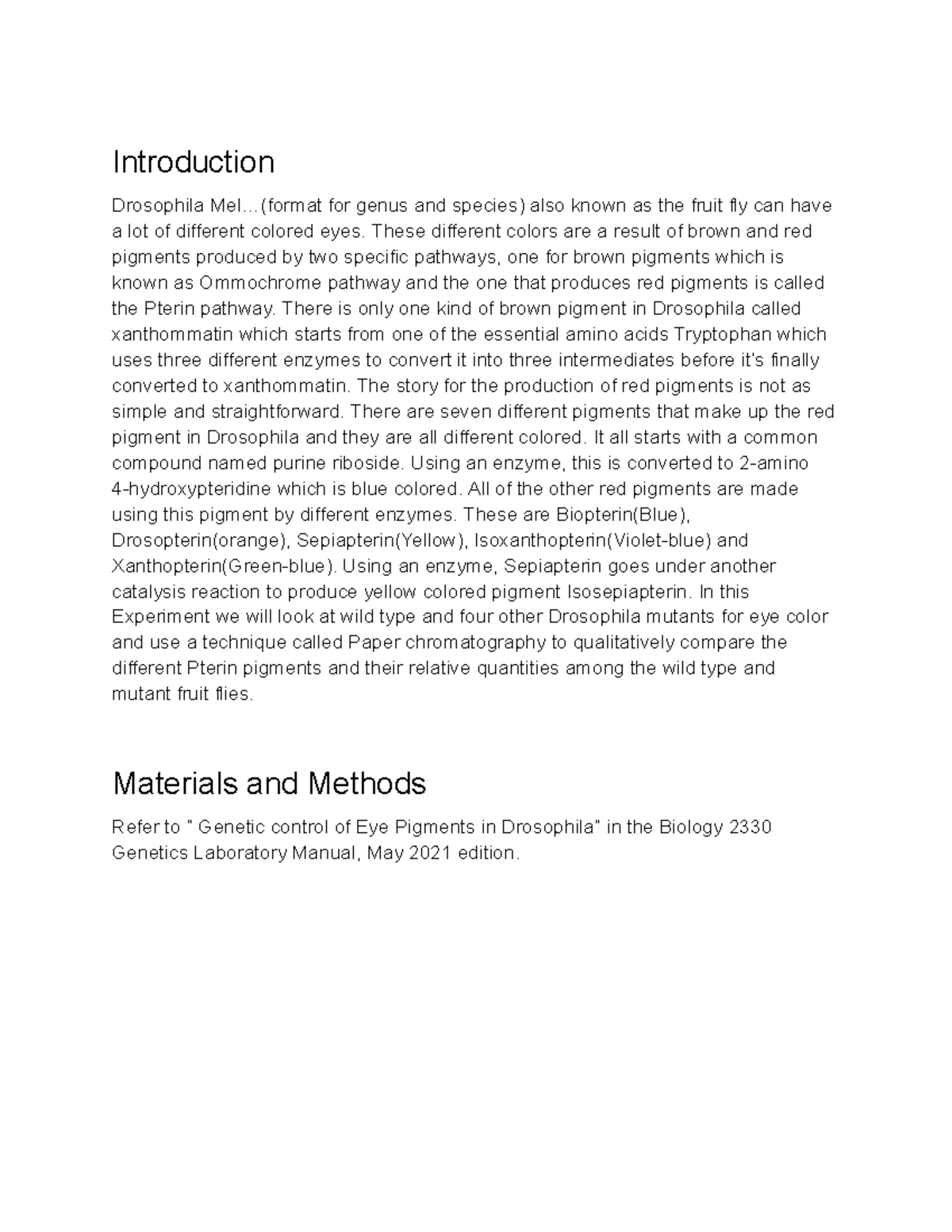 Eye Pigments Lab Report: Drosophila Genetics (BIOL 1215) - Studocu
