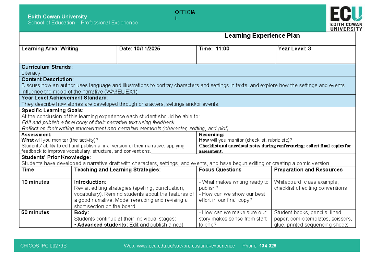 ECU ED 3 Writing Lesson Plan: Narrative Editing & Publishing - Studocu