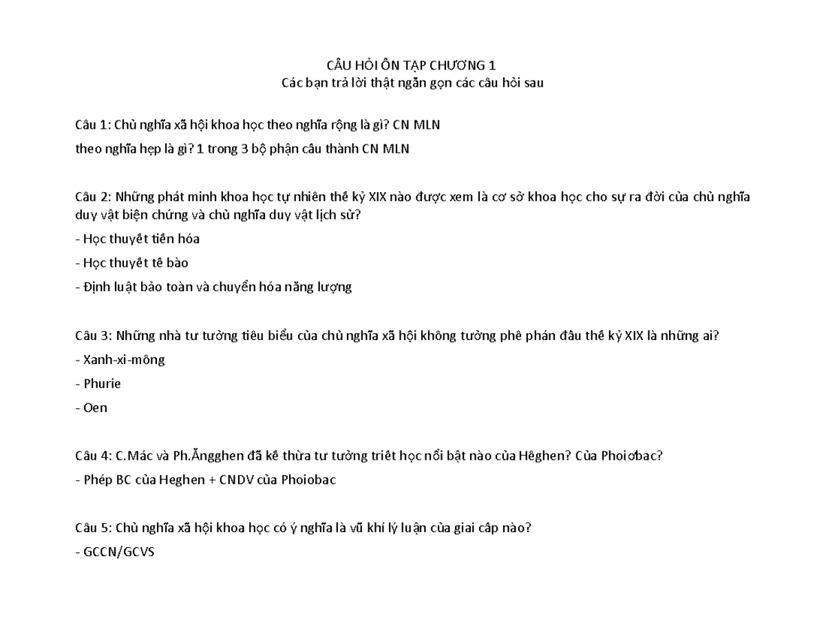 ÔN TẬP MID-TERM chủ nghĩa xã hội khoa học - CÂU H I ÔN T P CH NG 1 Ỏ Ậ ƯƠ Các b n tr l i th t ...
