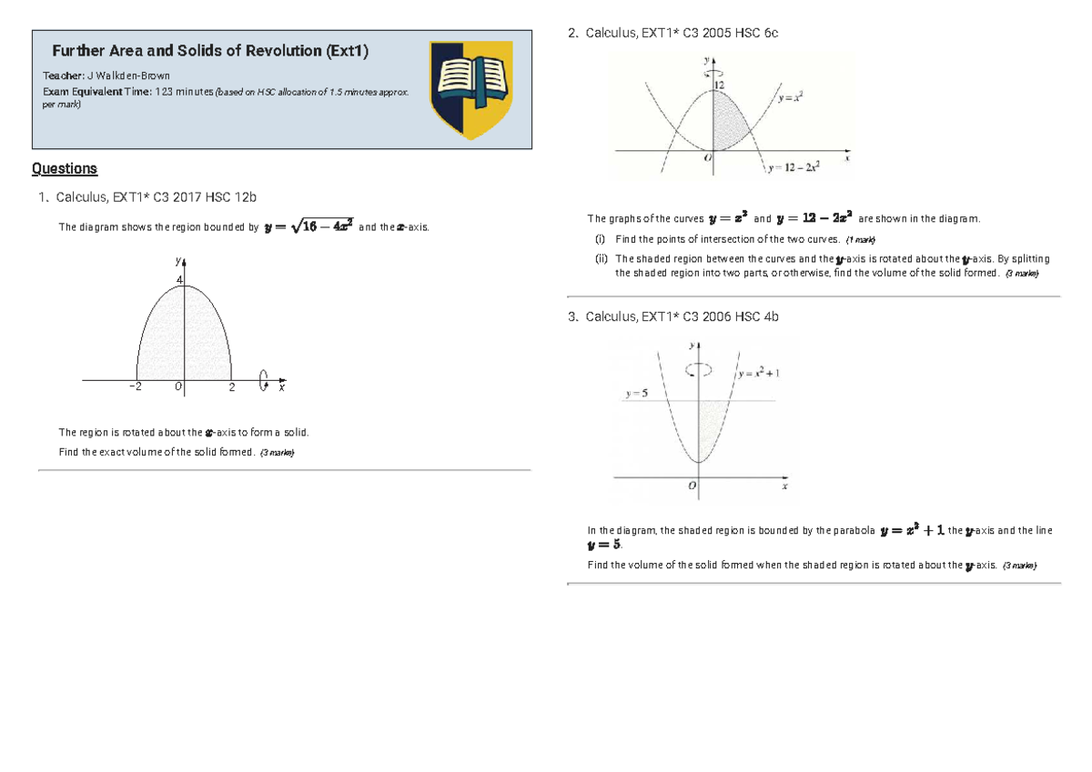 Calculus, EXT1 C3 2005 HSC Volumes of Revolution Study Guide - Studocu