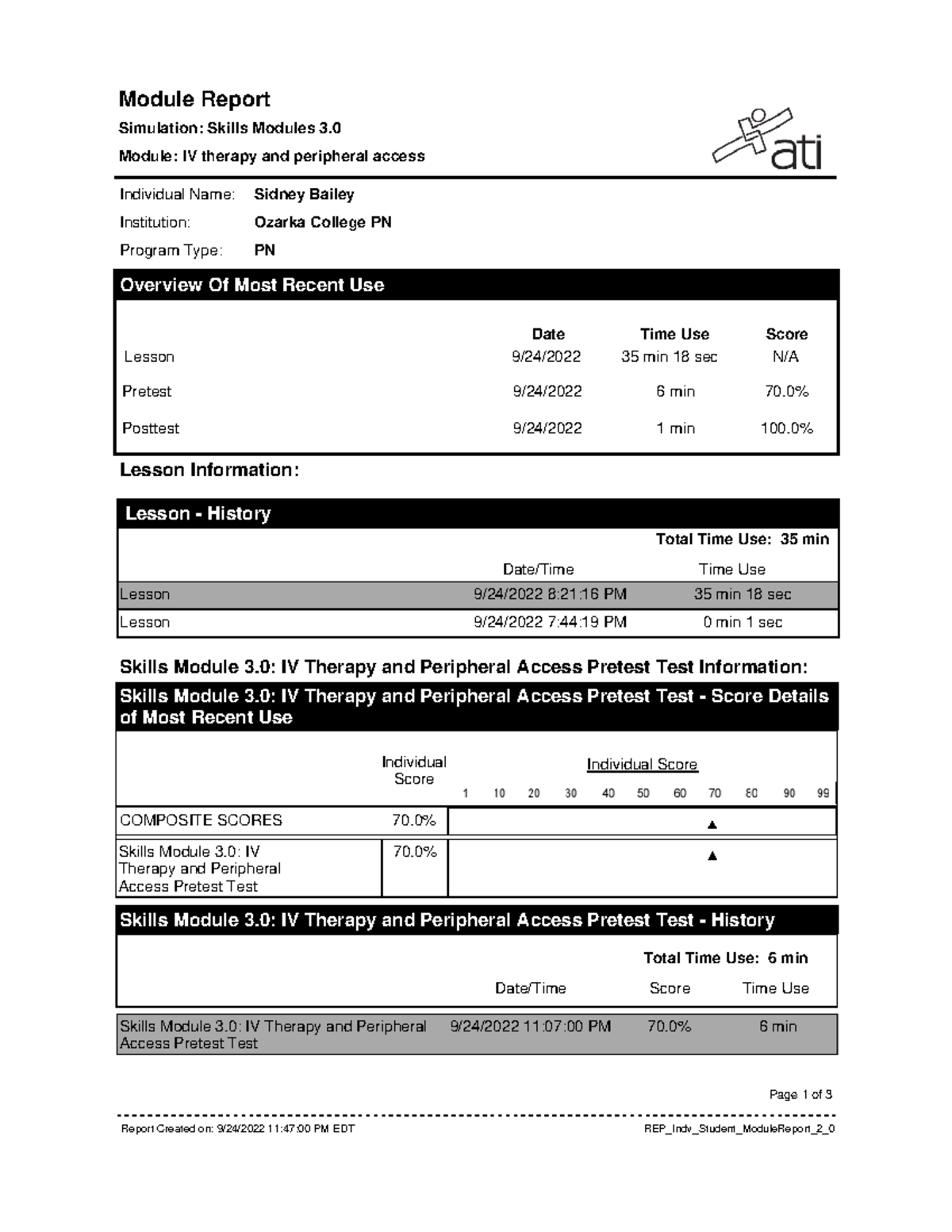 ATI-IV Therapy and Peripheral Access - Module Report Simulation: Skills ...