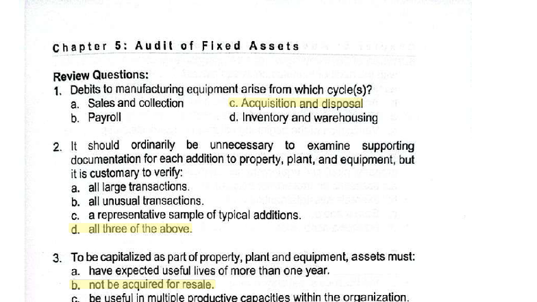 Chapter 5: Audit of Fixed Assets - Review Questions and Answers - Studocu