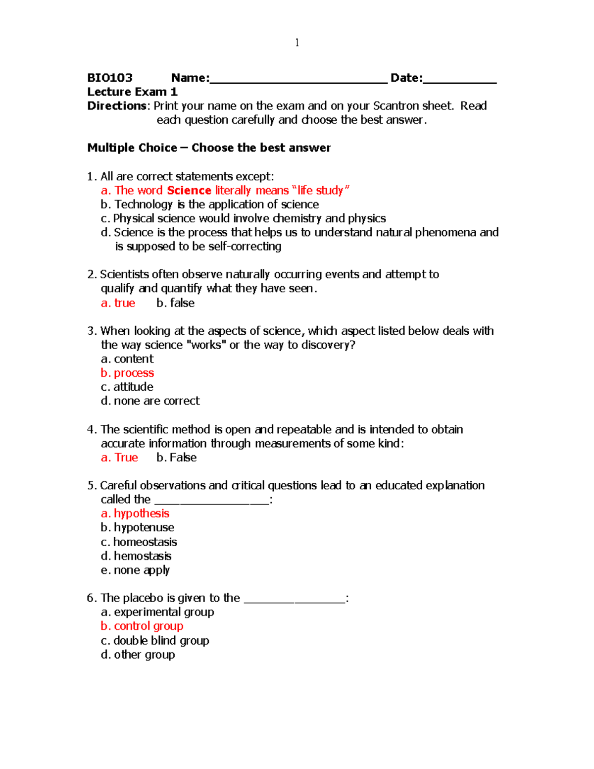 BIO103 Exam 1 Review - Spring 2012 with Answers and Explanations - Studocu