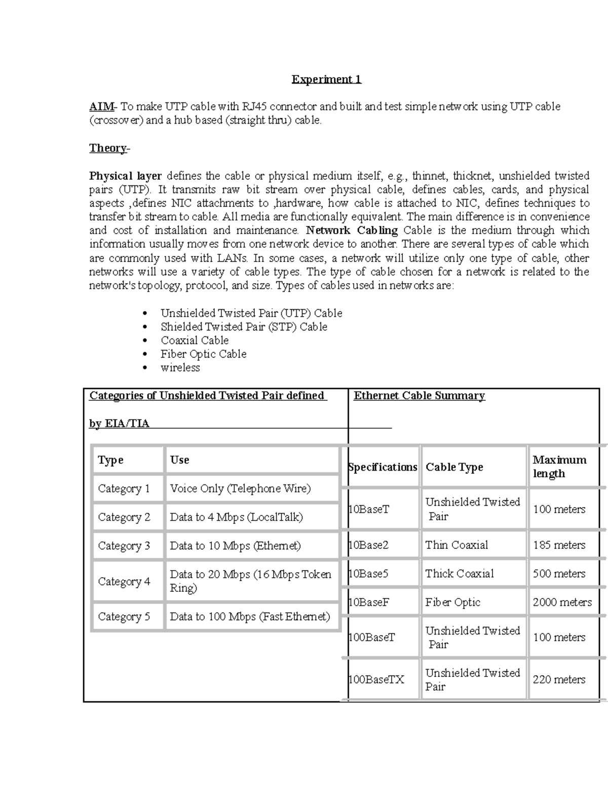 Experiment 1 - Study of cables,twisted pair cable color coding ...