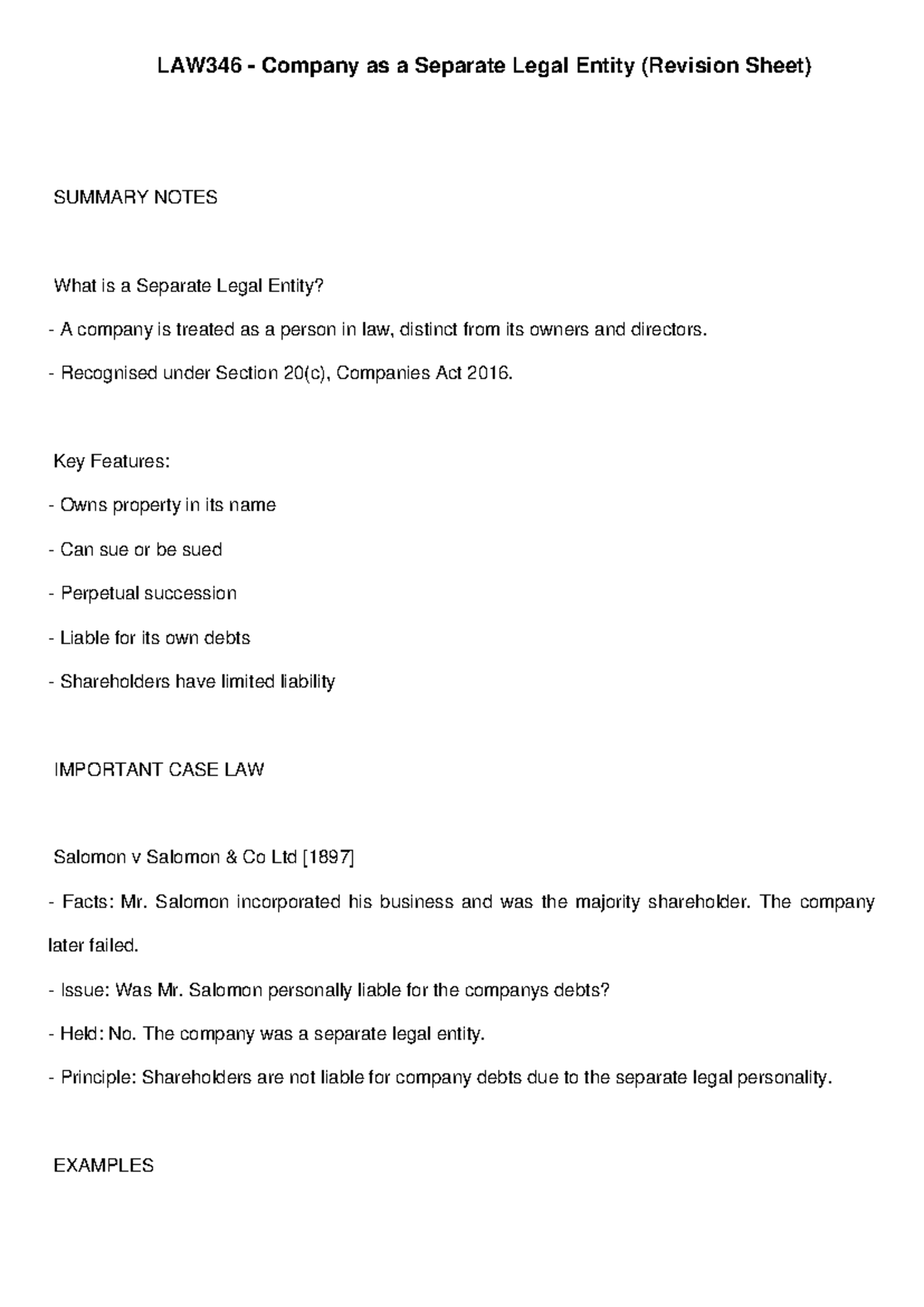 LAW346 Company as a Separate Legal Entity: Revision Notes Summary - Studocu