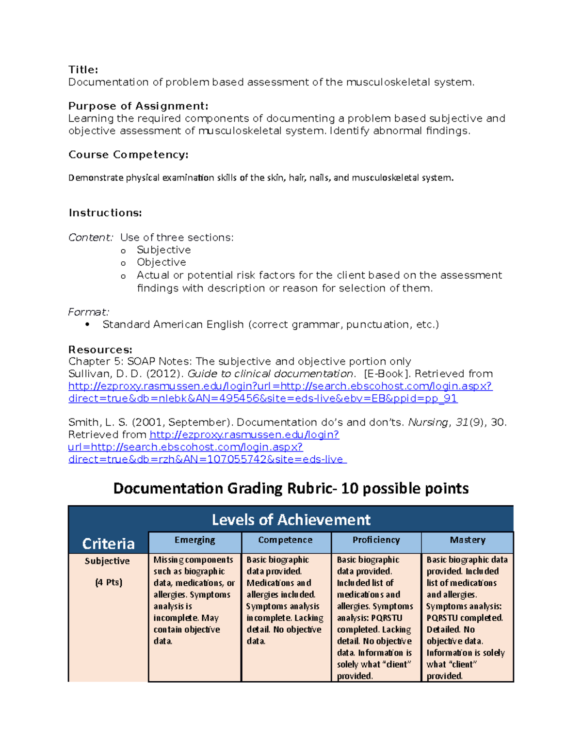 Musculoskeletal Assignment - Title: Documentation of problem based ...