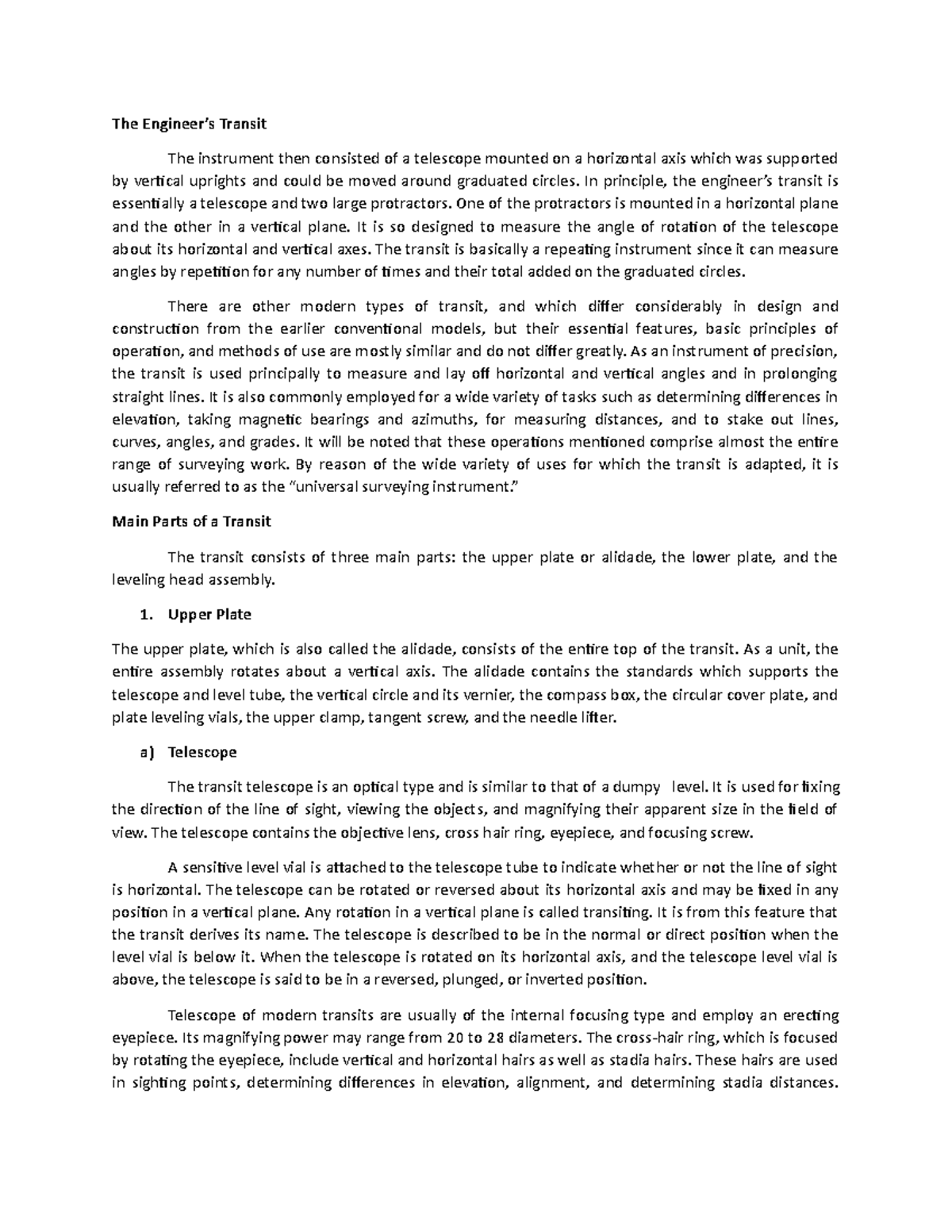 Understanding the Engineer's Transit: Components & Applications - Studocu